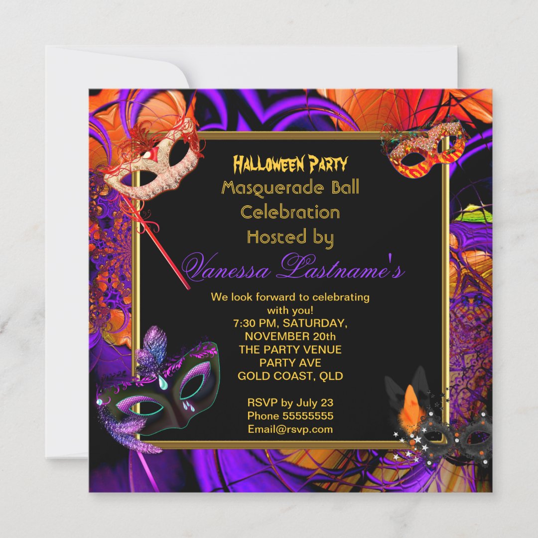 Masquerade Masked Halloween Purple Orange Party Invitation | Zazzle