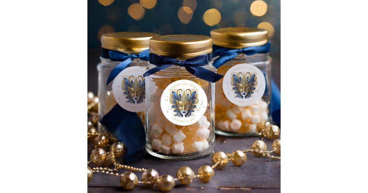 Masquerade Motif Quinceanera Blue Gold ID1031 Classic Round Sticker ...