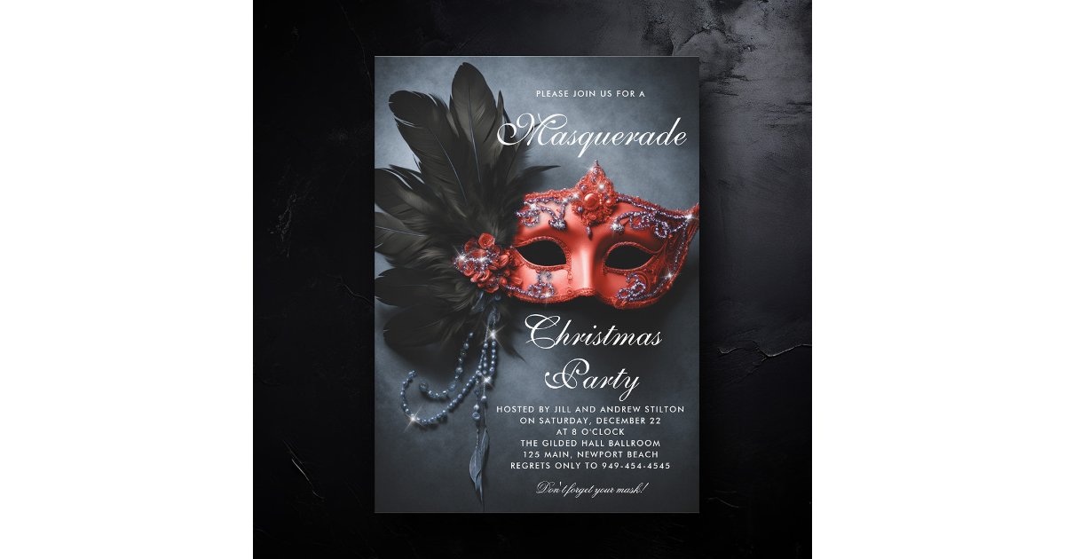 Masquerade Navy Silver Red Moody Christmas Party Invitation | Zazzle