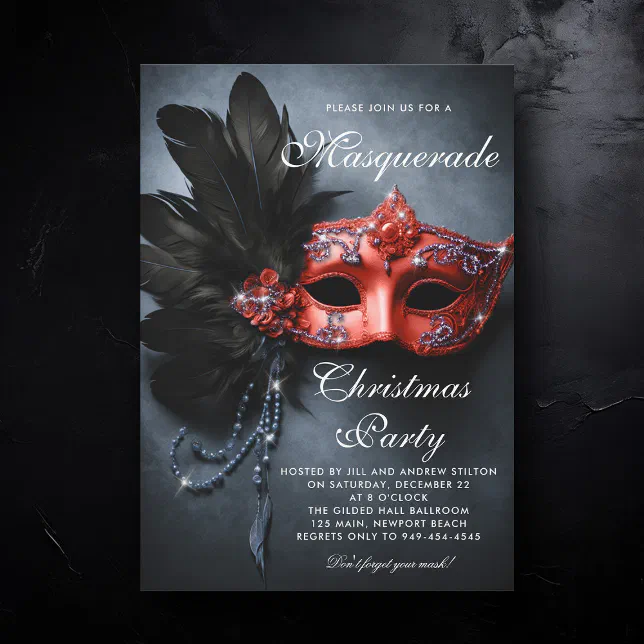 Masquerade Navy Silver Red Moody Christmas Party Invitation | Zazzle