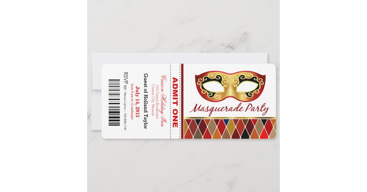 Masquerade Party Admit One Ticket | red Invitation | Zazzle