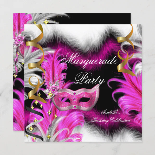 Masquerade Party Birthday Pink Black White Invitation | Zazzle