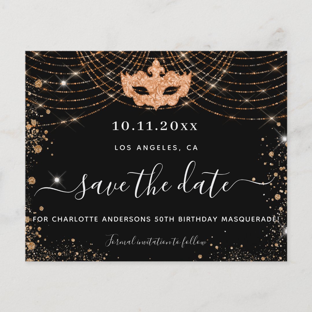Masquerade party black gold budget save the date flyer | Zazzle