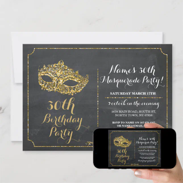 MASQUERADE Party Gold Mask Invite 30th 40th 50th | Zazzle