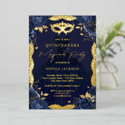 Masquerade Party Navy Floral Dress Quinceanera Foil Invitation | Zazzle