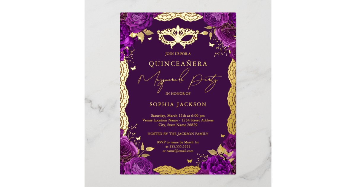 Masquerade Party Purple Floral Lace Quinceanera Foil Invitation | Zazzle