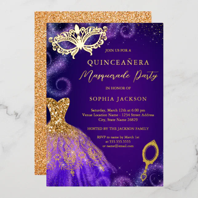 Masquerade Party Purple Gold Dress Quinceanera Foil Invitation | Zazzle