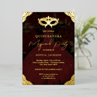 Masquerade Party Red Gold Mask Dress Quinceanera Foil Invitation | Zazzle