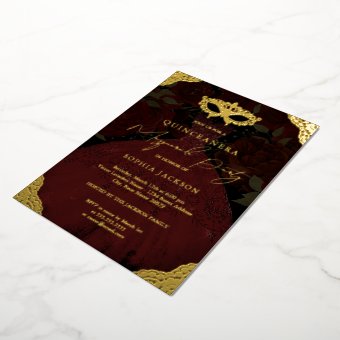 Masquerade Party Red Gold Mask Dress Quinceanera Foil Invitation | Zazzle