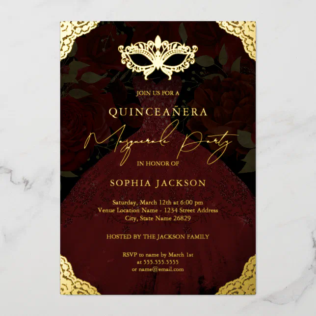 Masquerade Party Red Gold Mask Dress Quinceanera Foil Invitation | Zazzle