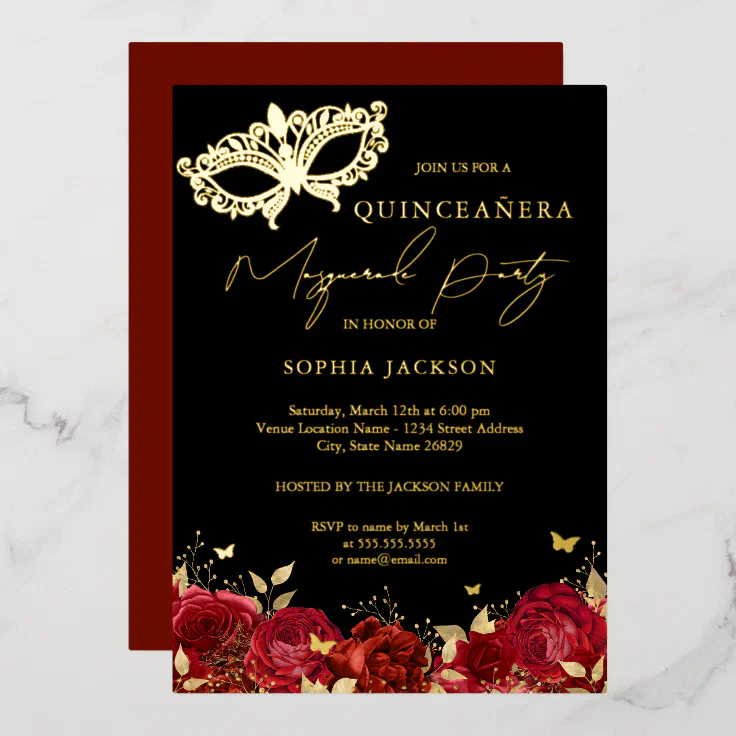 Masquerade Party Red Gold Rose Mask Quinceanera Foil Invitation | Zazzle