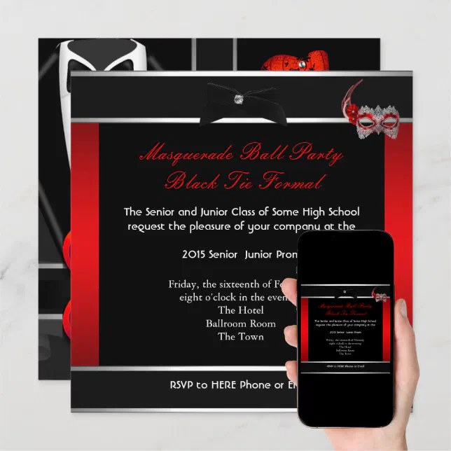 Masquerade Prom High School Dance Red Black Invitation | Zazzle