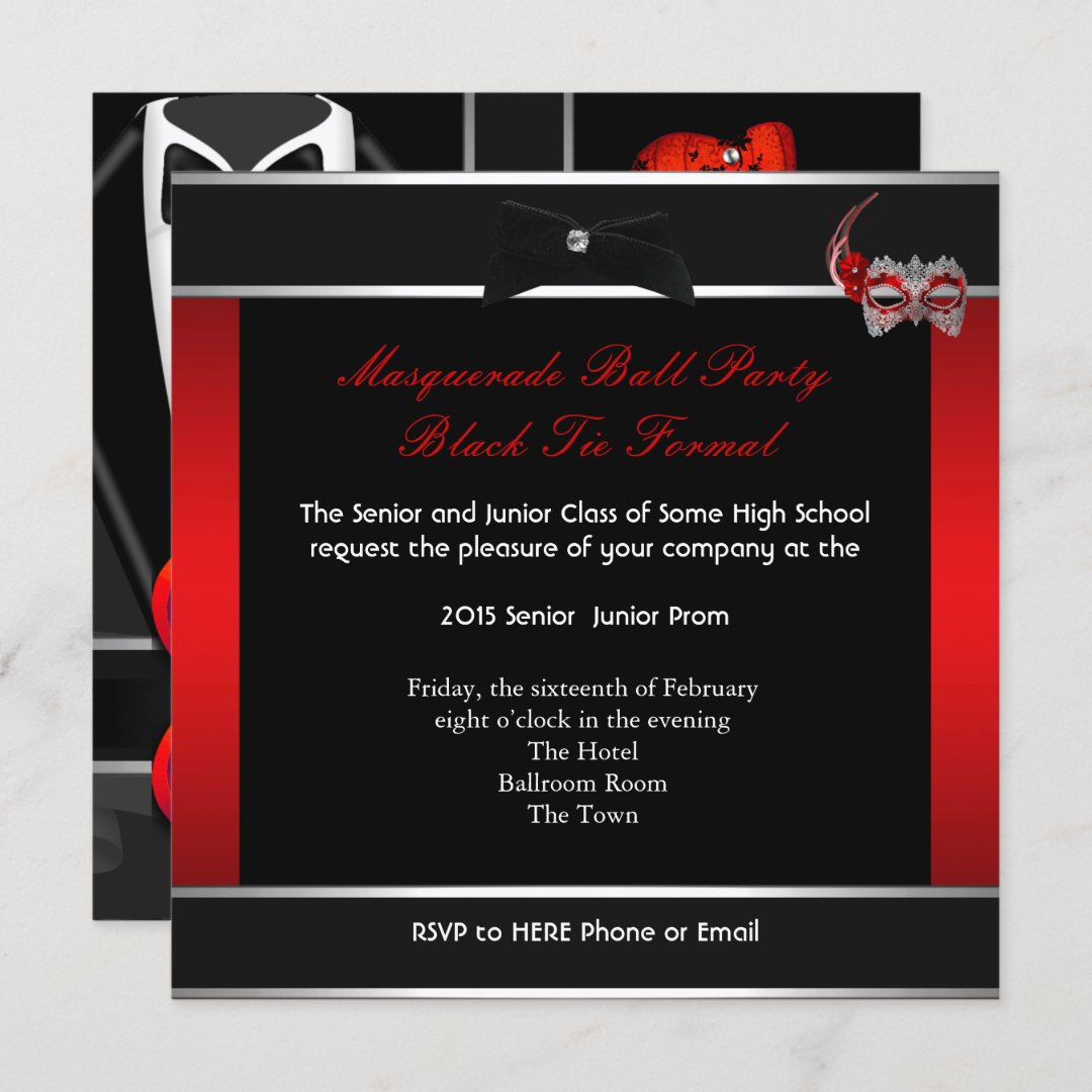 Masquerade Prom High School Dance Red Black Invitation | Zazzle
