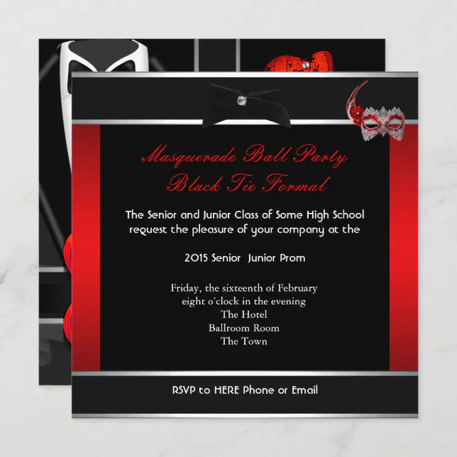 Masquerade Prom High School Dance Red Black Invitation | Zazzle