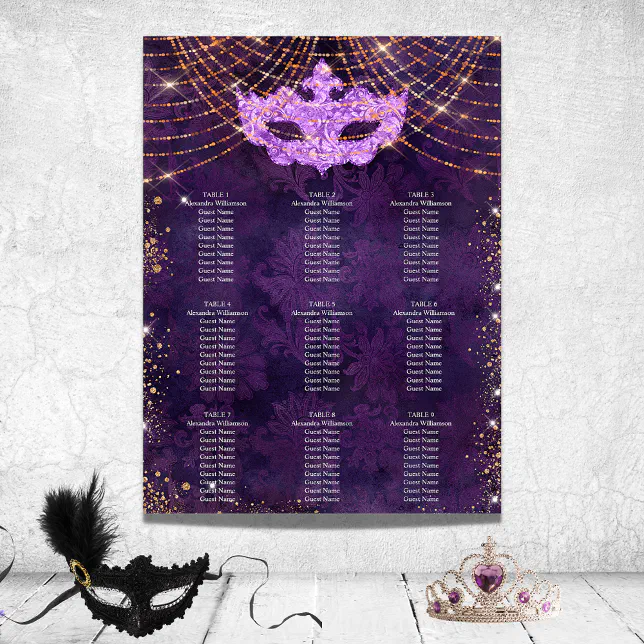 Masquerade purple glitter 9 table seating chart foam board | Zazzle