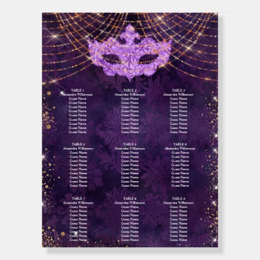 Masquerade purple glitter 9 table seating chart foam board | Zazzle