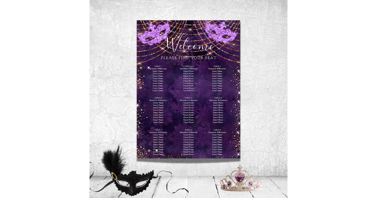 Masquerade purple glitter 9 tables seating chart | Zazzle