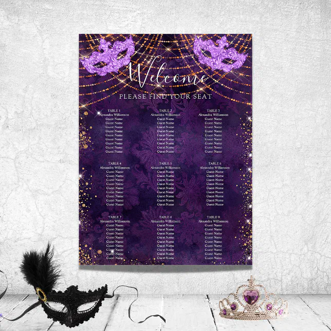Masquerade purple glitter 9 tables seating chart | Zazzle