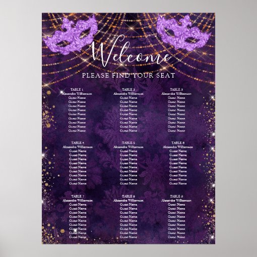 Masquerade purple glitter 9 tables seating chart | Zazzle