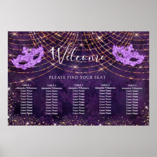 Masquerade purple glitter seating chart | Zazzle