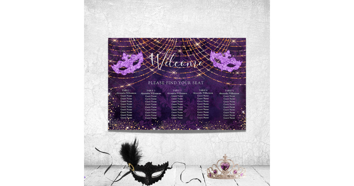 Masquerade purple glitter seating chart | Zazzle