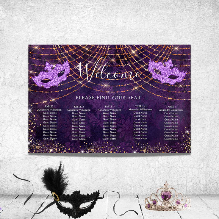 Masquerade purple glitter seating chart | Zazzle