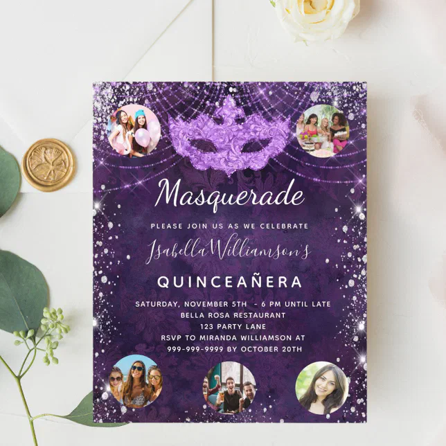 Masquerade purple Quinceanera budget invitation Flyer | Zazzle