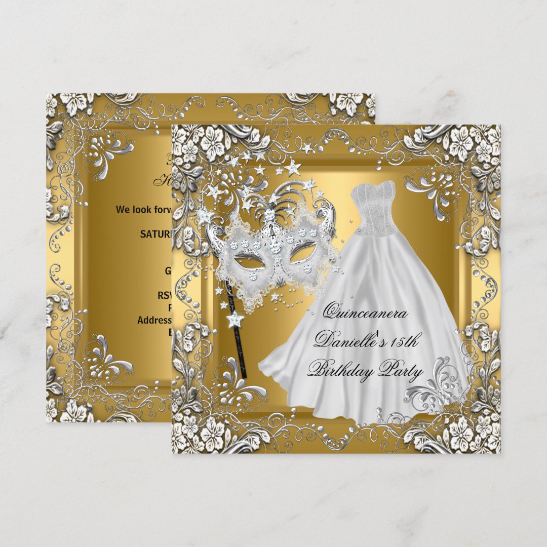 Masquerade Quinceanera 15th Birthday Mask Gold Invitation | Zazzle