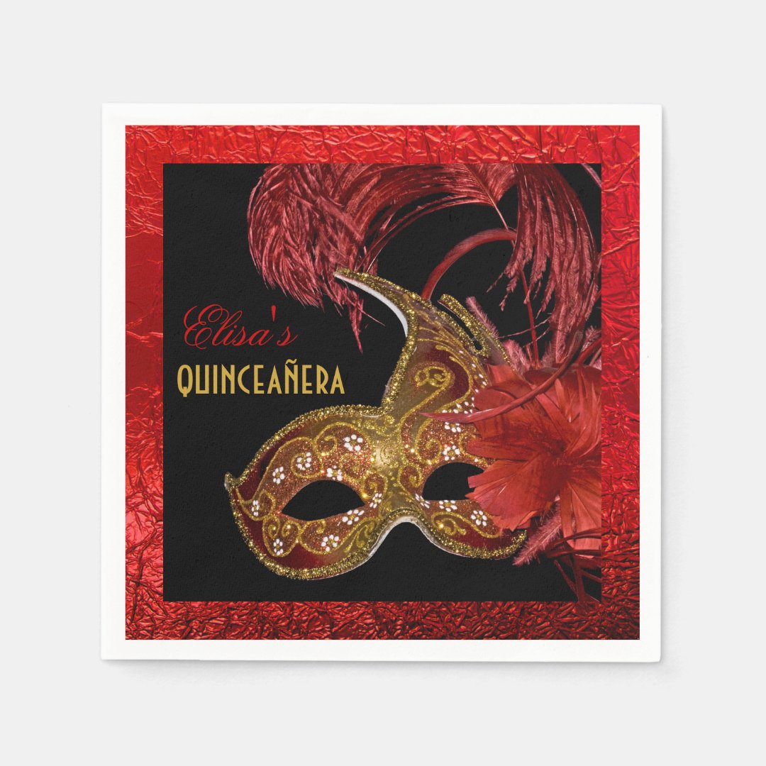 Masquerade Quinceañera party gold, red foil Paper Napkins | Zazzle