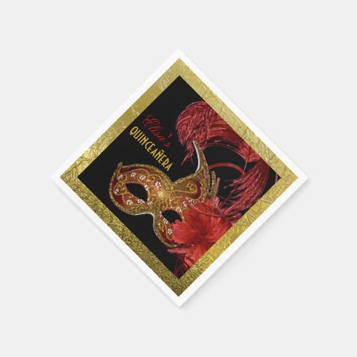 Masquerade Quinceañera party red, faux gold foil Paper Napkins | Zazzle