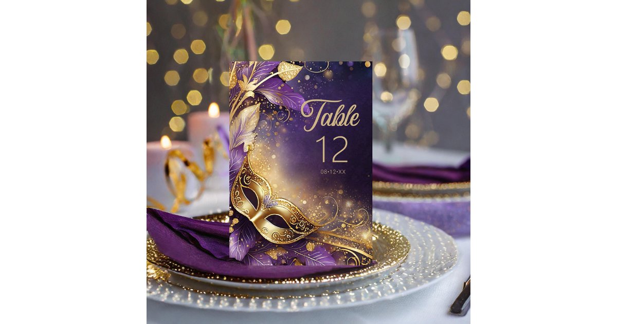 Masquerade Quinceanera Purple Gold ID1031 Table Number | Zazzle