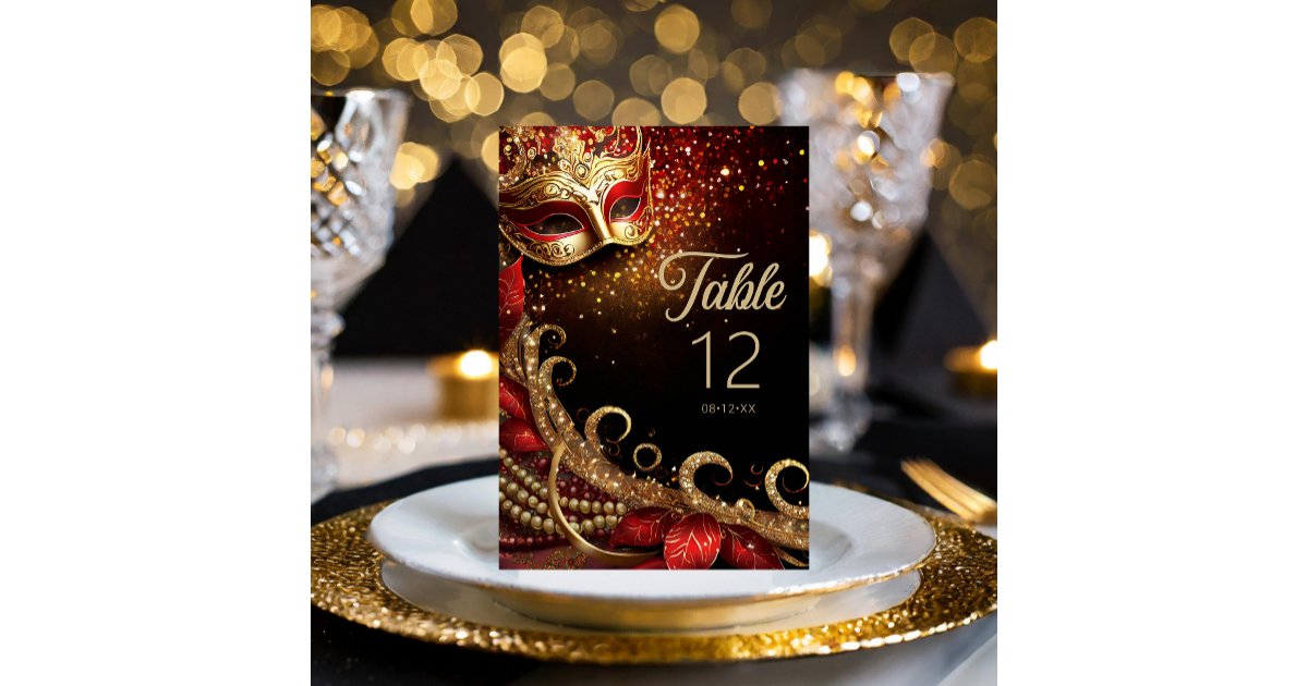 Masquerade Quinceanera Red Gold ID1031 Table Number | Zazzle
