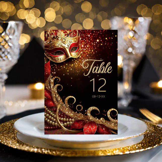 Masquerade Quinceanera Red Gold ID1031 Table Number | Zazzle