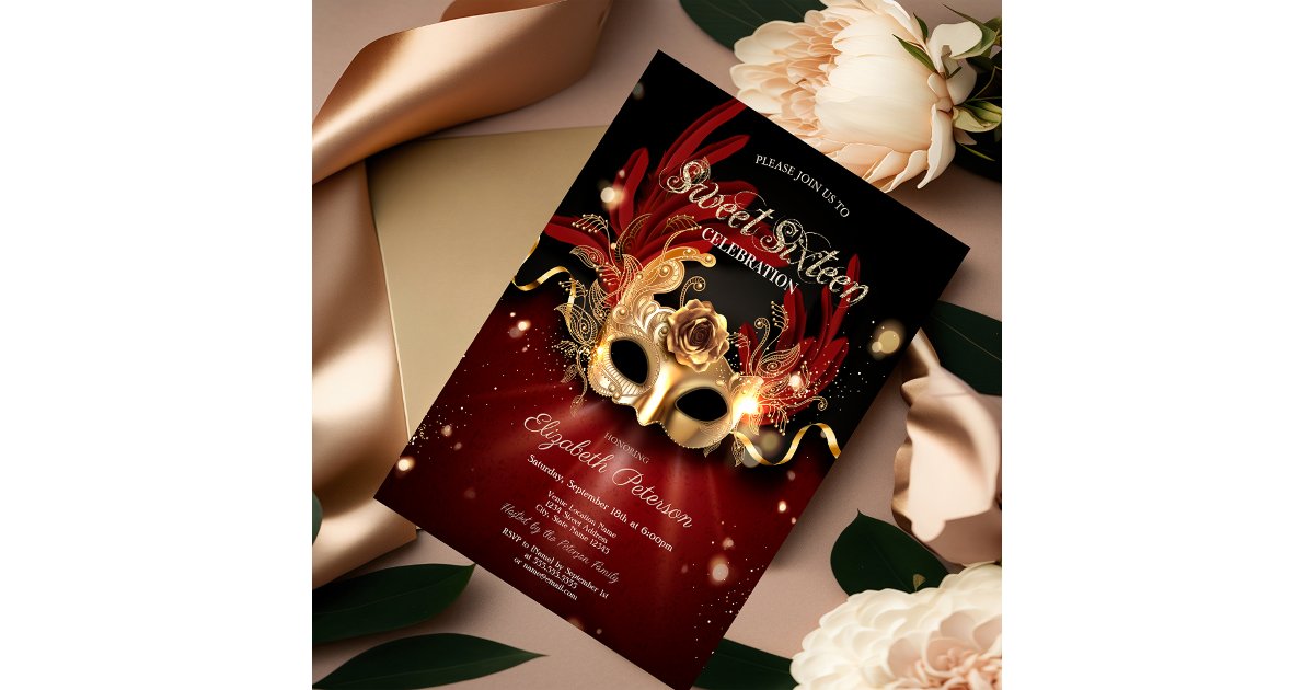 Masquerade Red Sweet 16 Invitation | Zazzle
