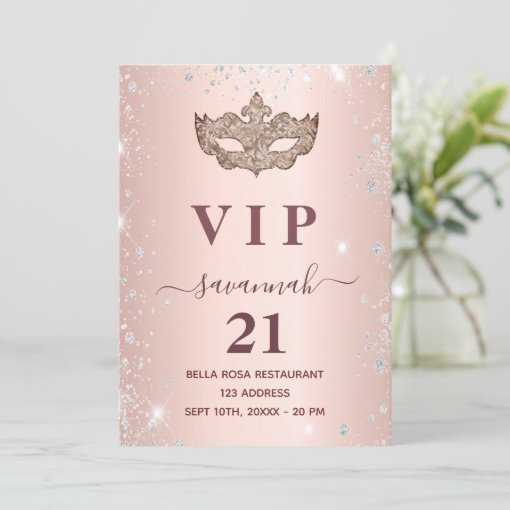 Masquerade rose gold silver glitter vip invitation | Zazzle