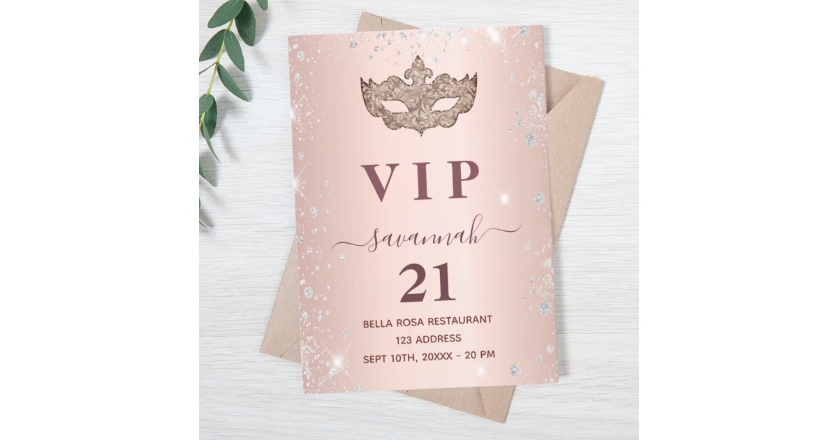 Masquerade rose gold silver glitter vip invitation | Zazzle