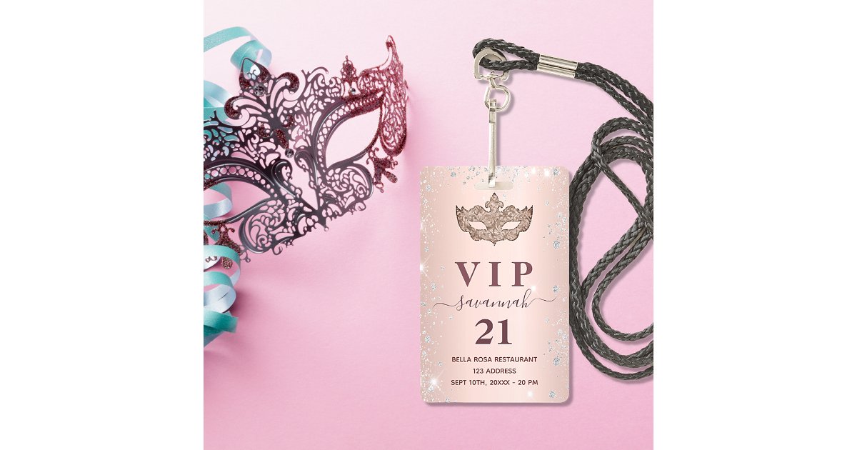 Masquerade rose gold silver glitter vip invitation badge | Zazzle