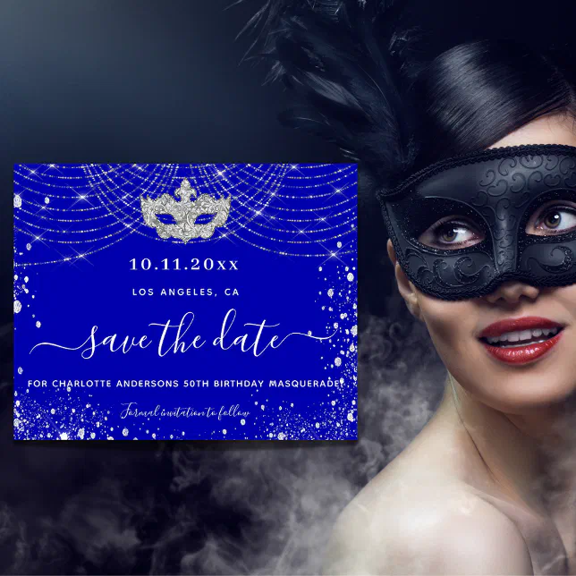 Masquerade royal blue silver budget save the date flyer | Zazzle