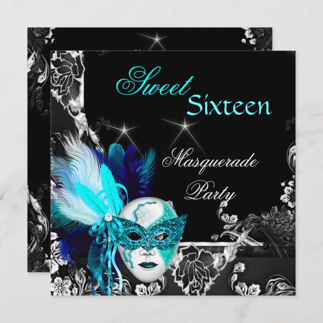Masquerade Sweet 16 Mask Teal Blue Black Party Invitation | Zazzle