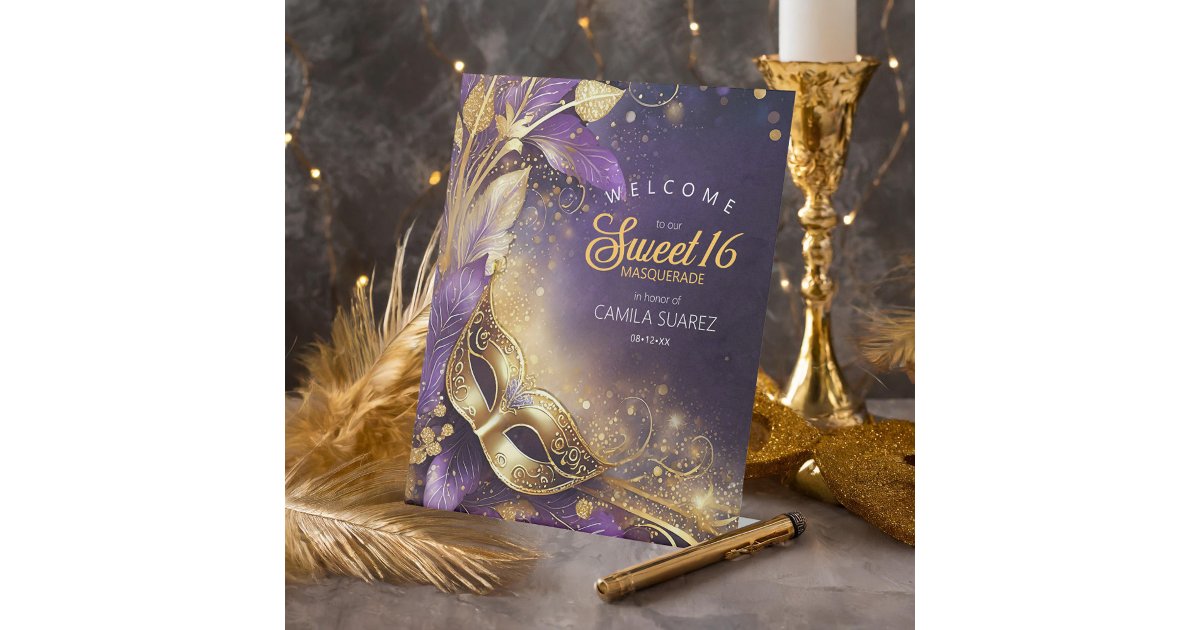Masquerade Sweet 16 Welcome Purple Gold ID1032 Pedestal Sign | Zazzle