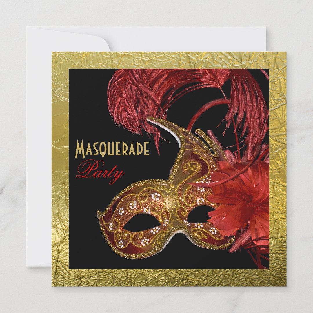 Masquerade Sweet Sixteen party red, faux gold foil Invitation | Zazzle