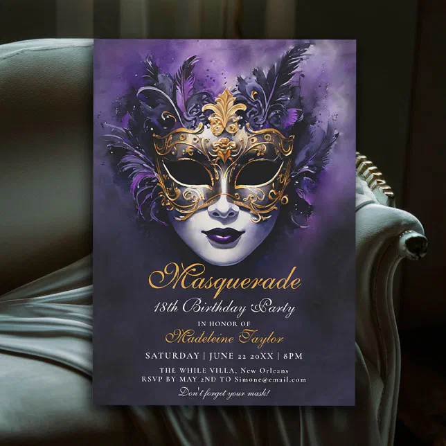 Masquerade Venetian Mask Gold Purple 18th Birthday Invitation | Zazzle