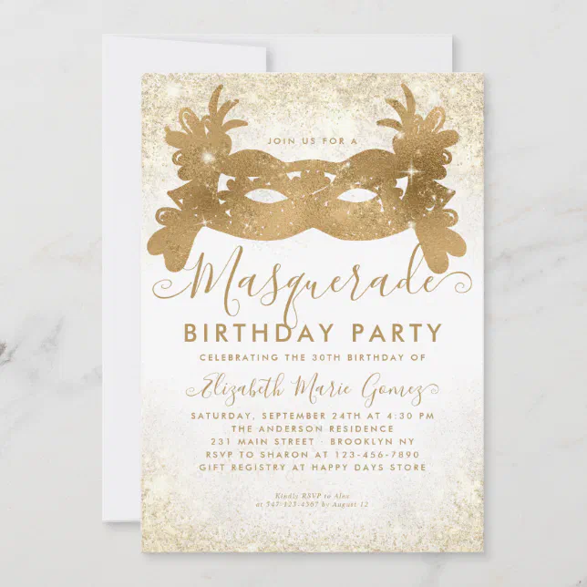 Masquerade White Gold Glitter Dust Birthday Party Invitation | Zazzle