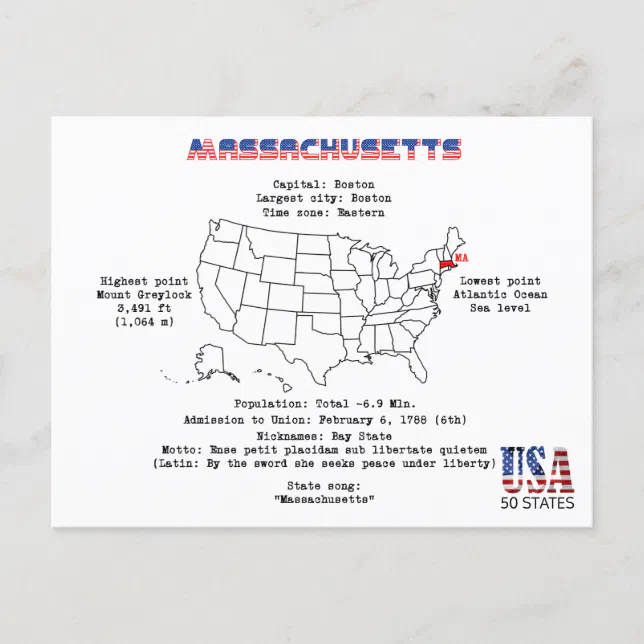 Massachusetts American state on a map and details Holiday Postcard | Zazzle