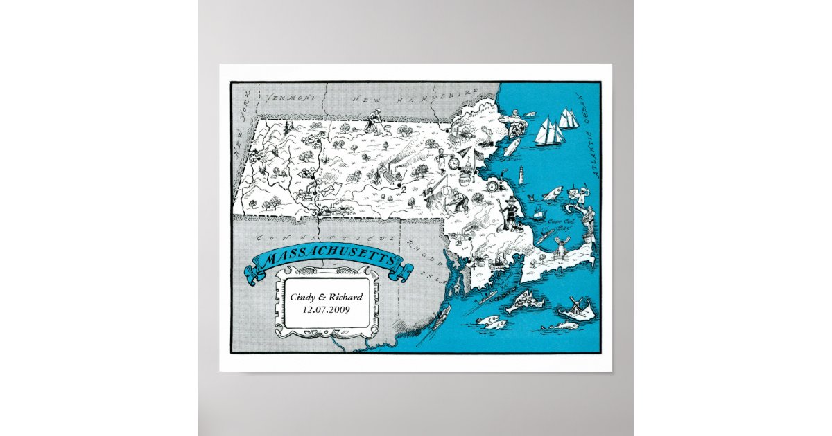 Massachusetts State Map Wall Art Poster | Zazzle
