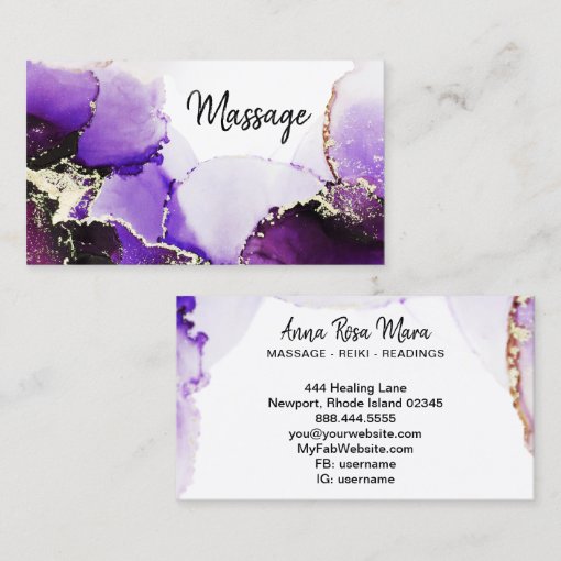 Massage Reiki Hair Nails Lashes Purple Gold Business Card | Zazzle