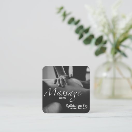 Massage Text Photo BW Hands Background Square Business Card | Zazzle