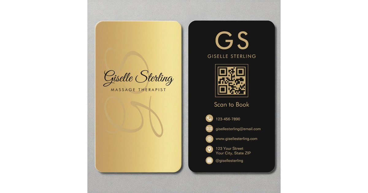 Massage Therapist Monogram Gold Black QR Code Business Card | Zazzle