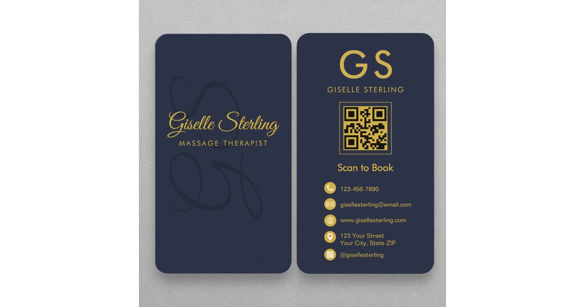 Massage Therapist Monogram Navy Blue Gold QR Code Business Card | Zazzle