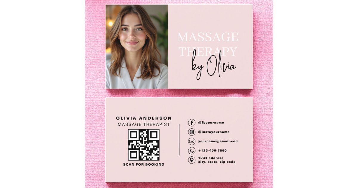 Massage Therapist QR Code Blush Pink Photo Business Card | Zazzle